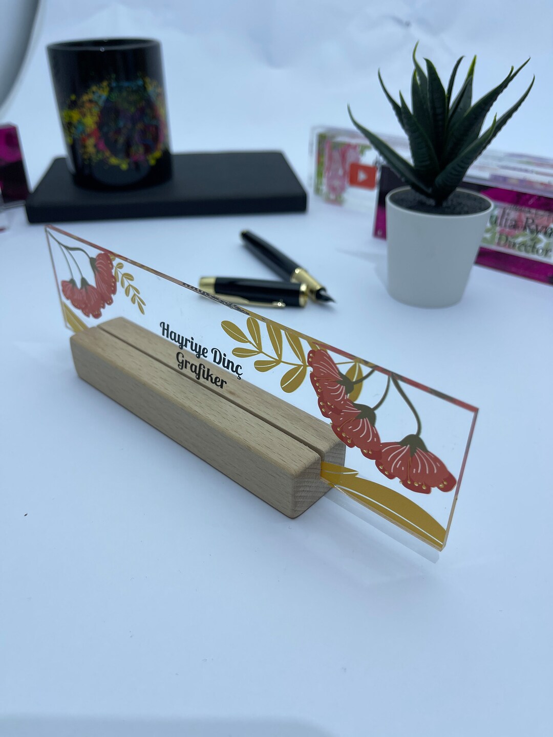 Red Flower Name Plate for Desk With Wood Stand, Custom Name Plate ...