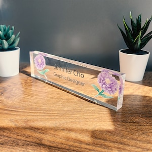 Floral Name Plate Desk, Custom Name Plate, Birth Flower Name Plate ...