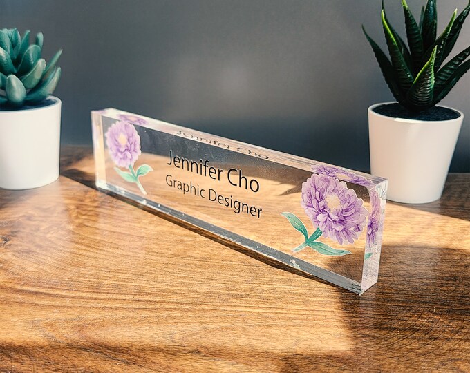 Floral Name Plate Desk, Custom Name Plate, Birth Flower Name Plate ...