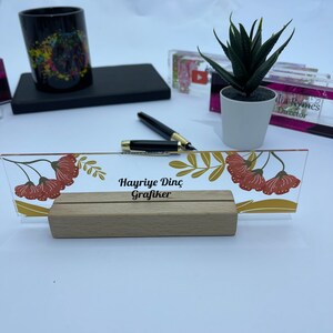 Red Flower Name Plate for Desk With Wood Stand, Custom Name Plate ...