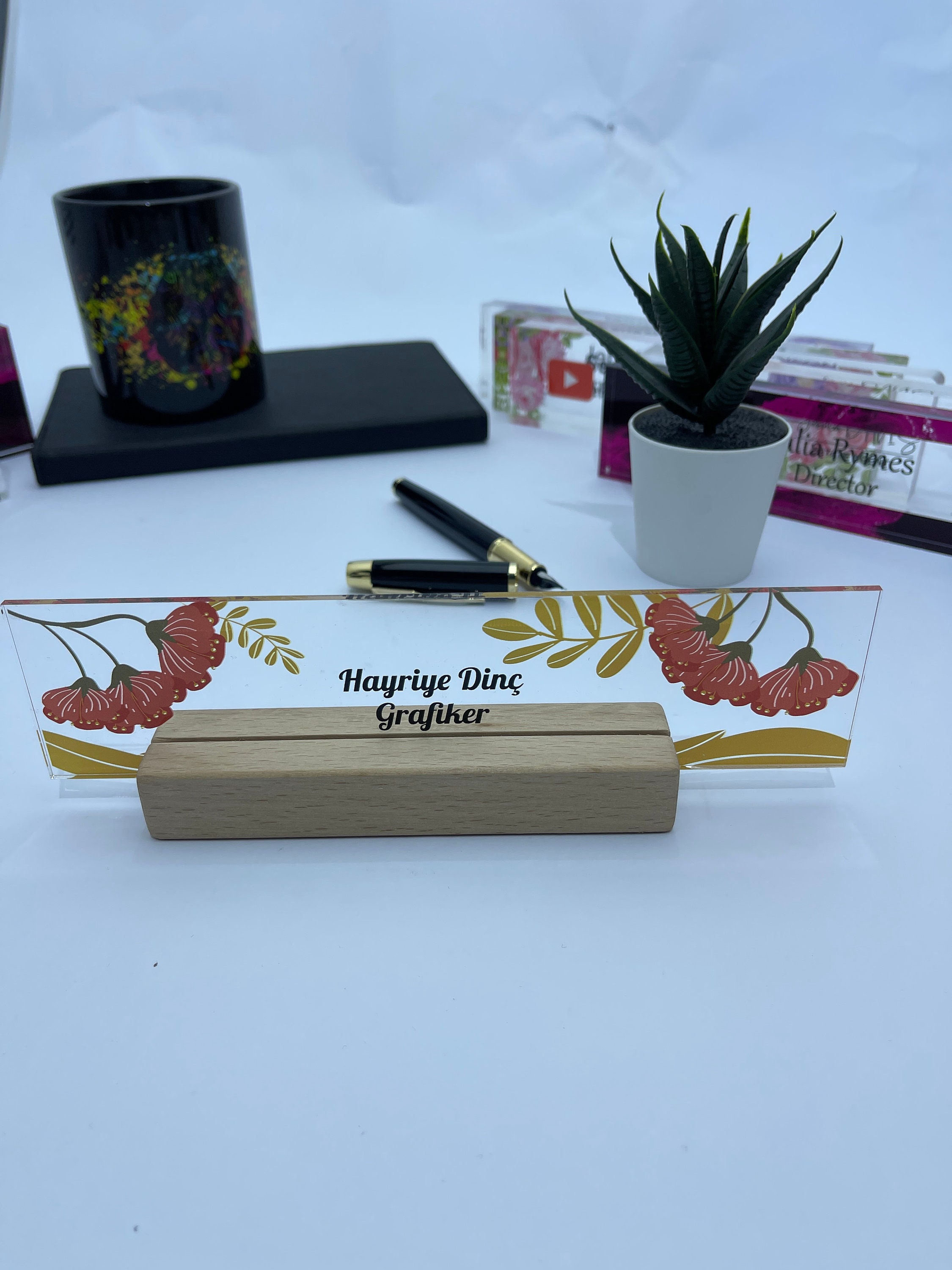 Red Flower Name Plate for Desk With Wood Stand, Custom Name Plate ...