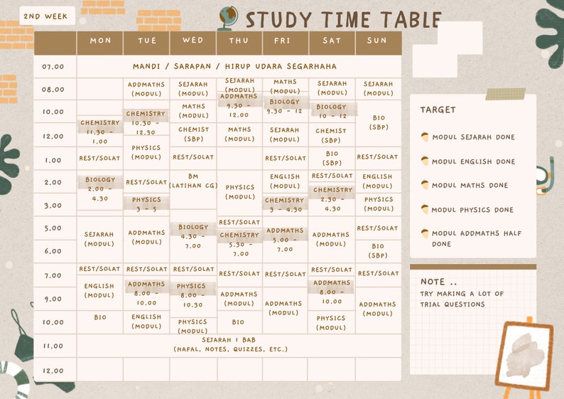 Study Time Table Template - Etsy