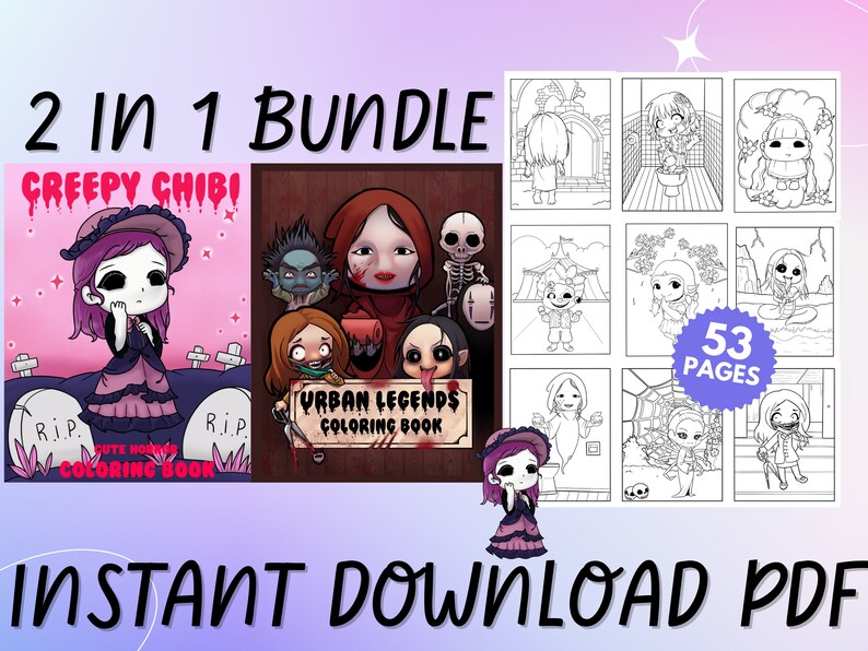 53 Creepy Horror Chibi Collection, Digital Coloring Pages, Bundle 2 in ...