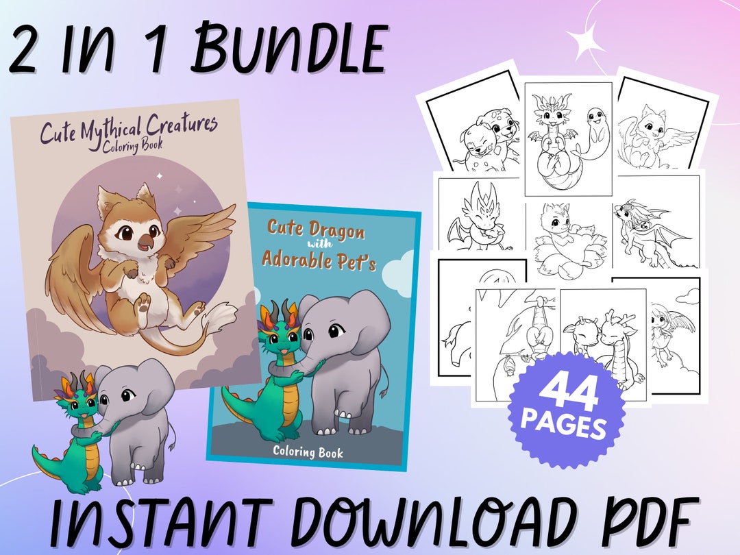44 Cute Beasts Collection, Digital Coloring Pages, Bundle 2 in 1, Cute ...