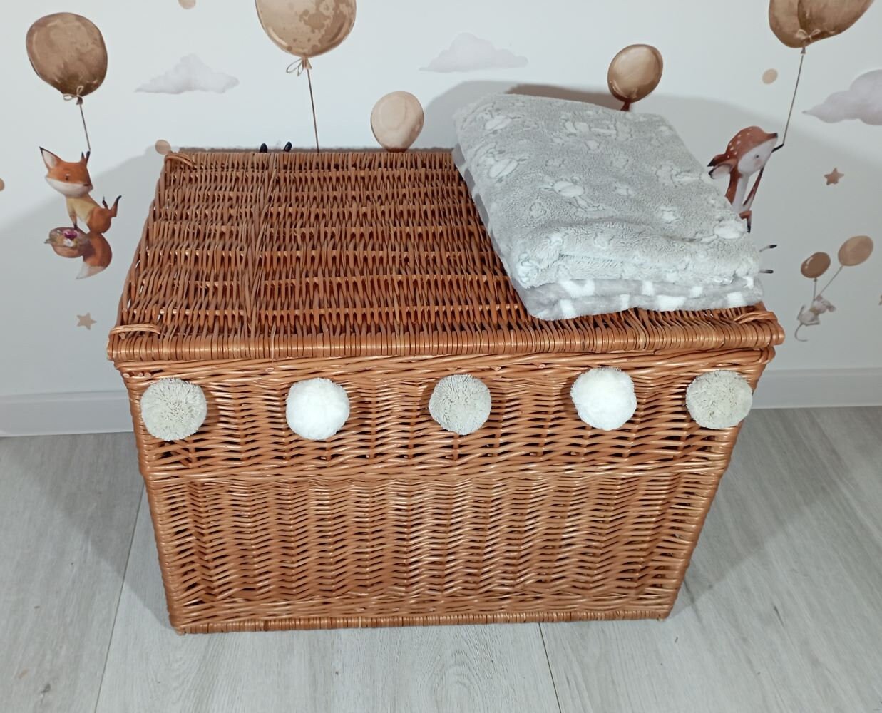 Wicker Chest in Natural Color With Soft Pompoms, Storage Chest ...