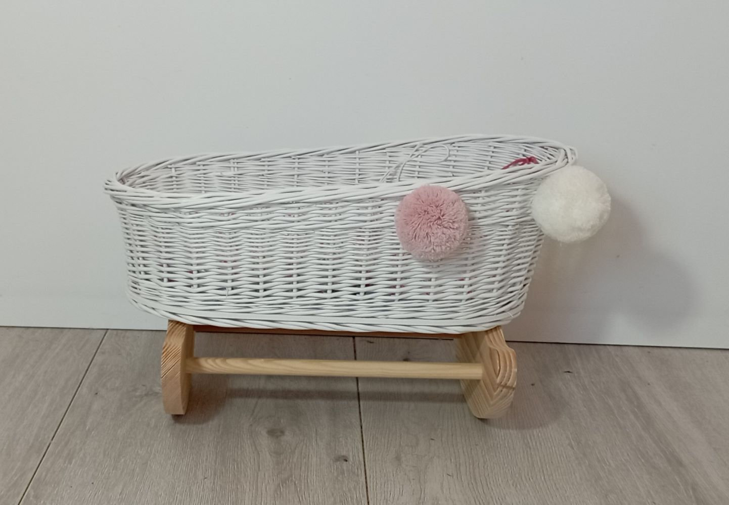 Wicker Cradle for Dolls in White Color + Bedding and Pompoms, Swing Bed ...