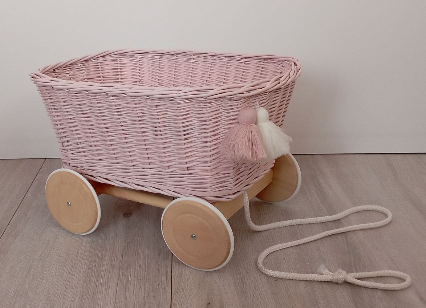 Pink Wicker Basket for Toys on Wheels, Handmade Wicker Trolley for Toys ...