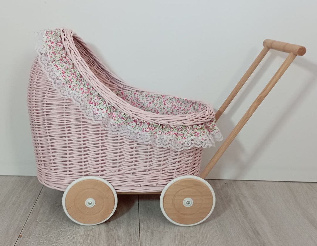 Wicker Doll Pram in Pink, Toddler Walker, Wooden Stroller Toy, Doll ...