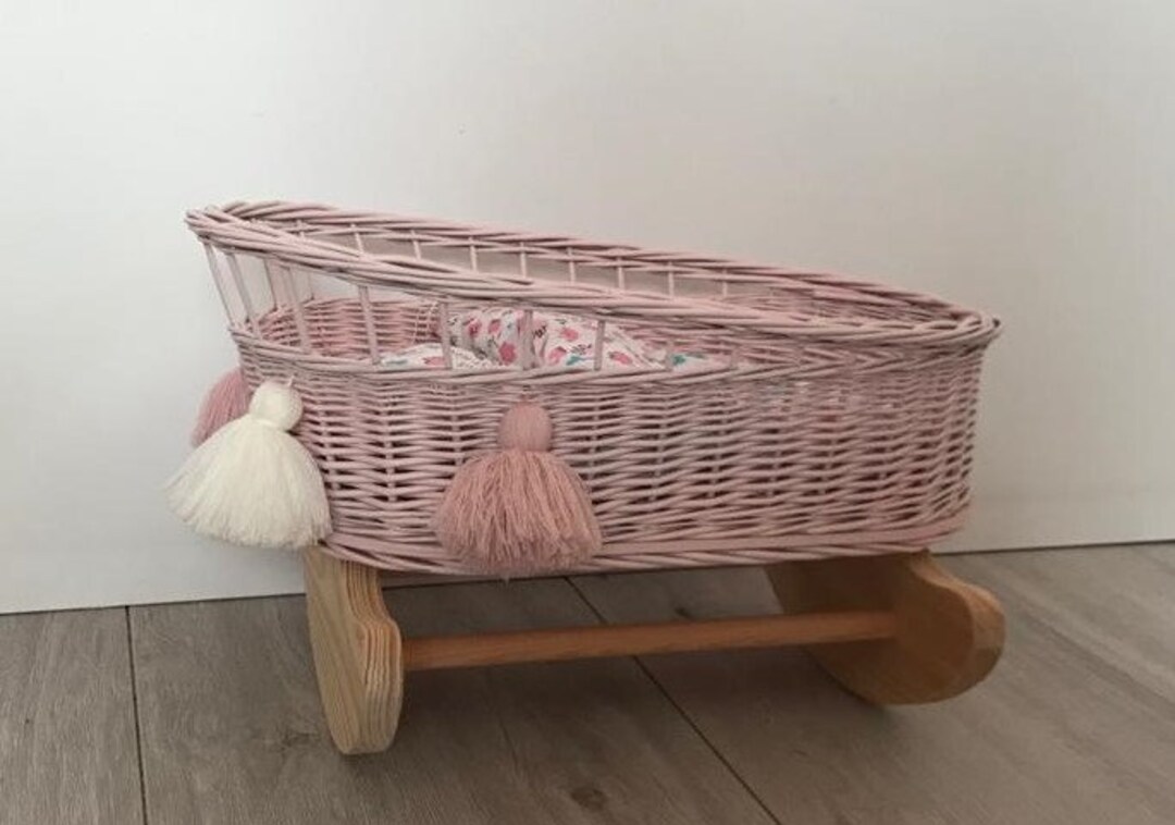 Wicker Cradle for Dolls in Pink Color With Bedding and Fringes. A Cot ...