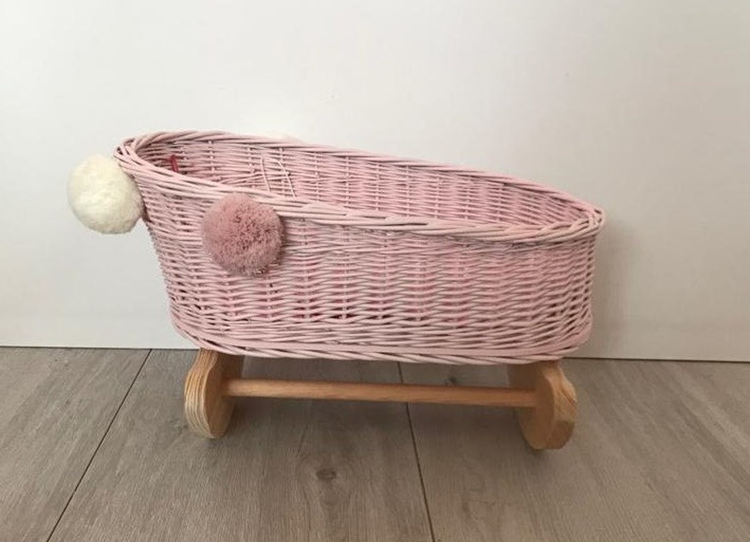 Wicker Cradle for Dolls in Pink Color With Bedding and Pompoms, Wood ...