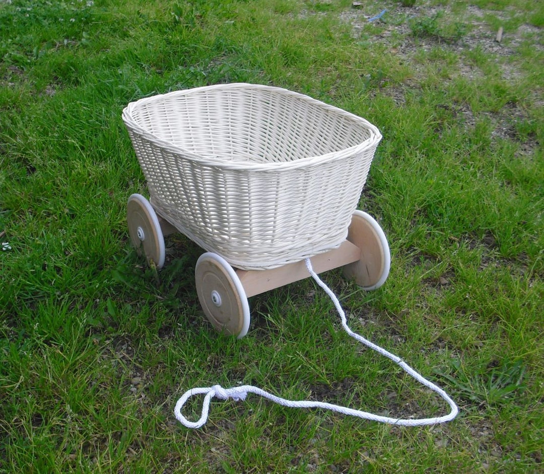 Handmade Wicker Basket for Toys on Wheels in White, Wicker Toys Trolley ...