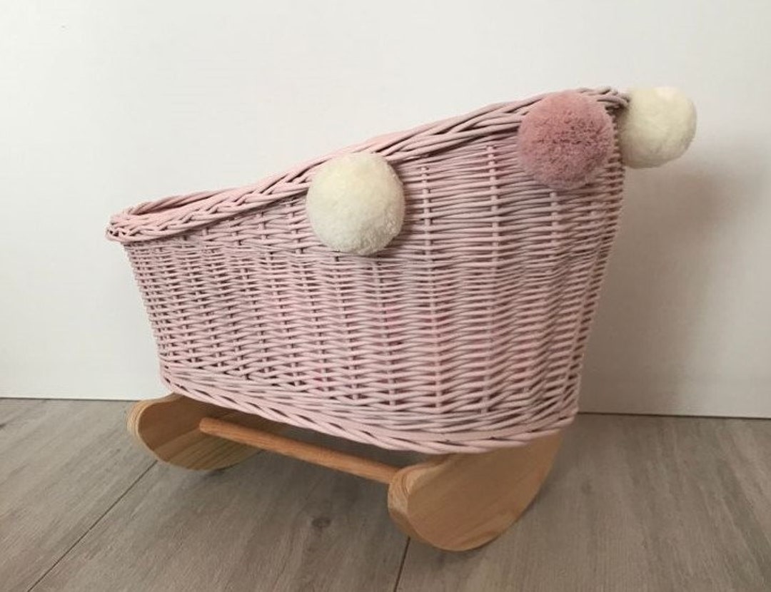 Eco Cradle for Dolls, Wicker Cradle for Dolls in Pink Color + Bedding ...