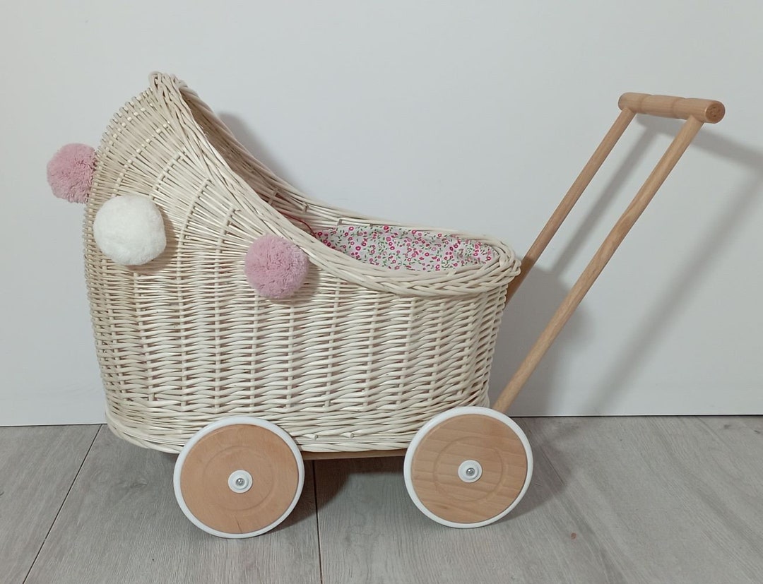 Pram for Dolls in Ecru (cream) Color + Bedding and Pompoms, Wicker Baby ...