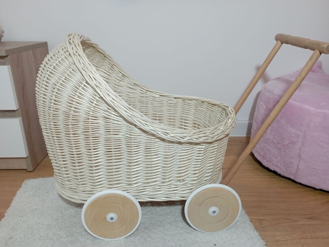 Pram for Dolls Made of Beech Wood and Wicker in Ecru, Gift for Toddler ...