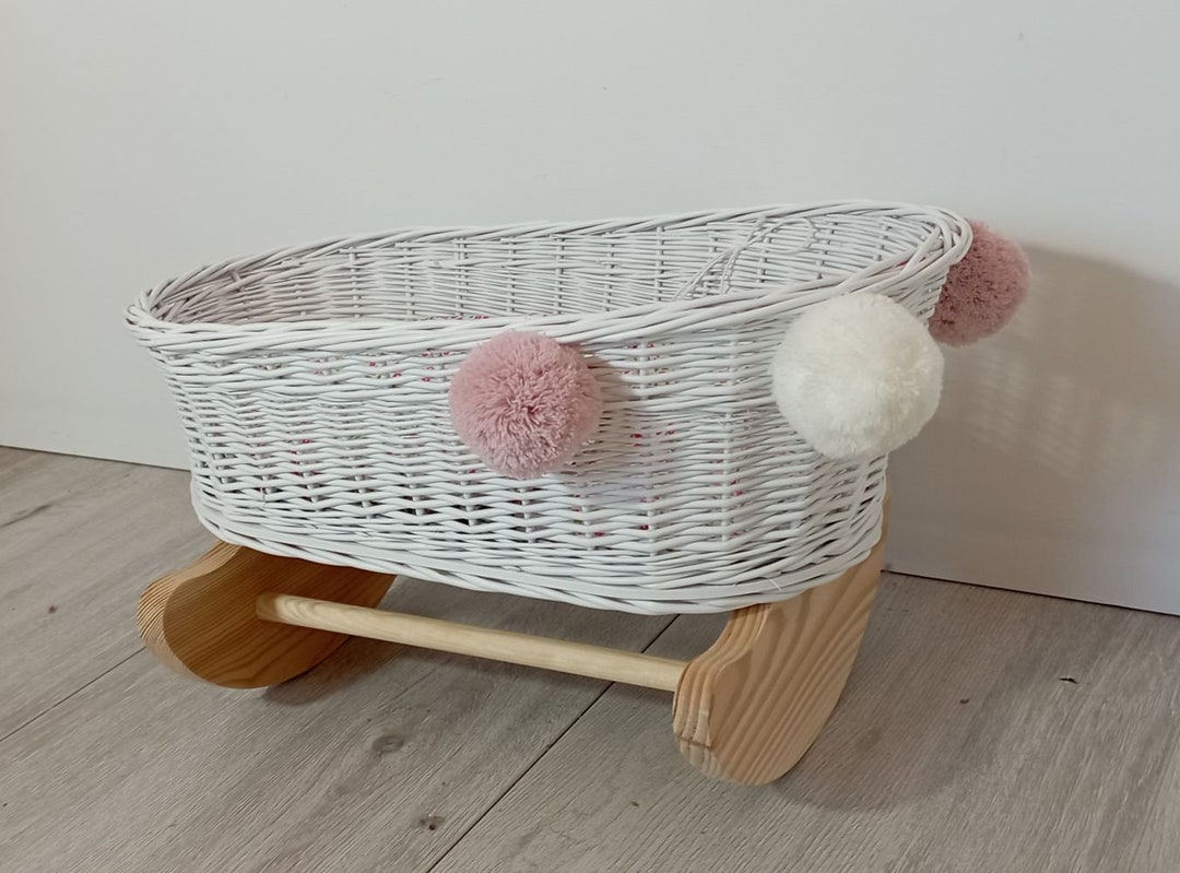 Wicker Cradle for Dolls in White Color + Bedding and Pompoms, Swing Bed ...