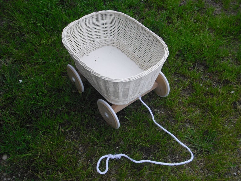 Handmade Wicker Basket for Toys on Wheels in White, Wicker Toys Trolley ...