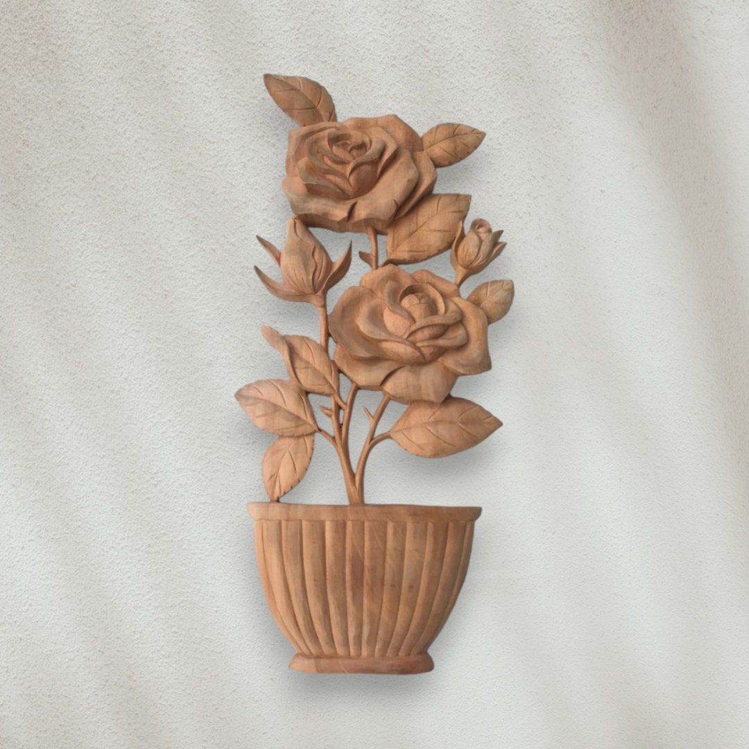 Exquisite Teak Wood Rose Flower in A Pot Wooden Carved Beautiful Potted ...