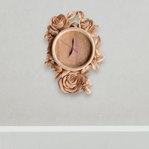 Wooden Sculpture Wall Clock Teak Wood Handmade , Rose Flower Wall Art ...