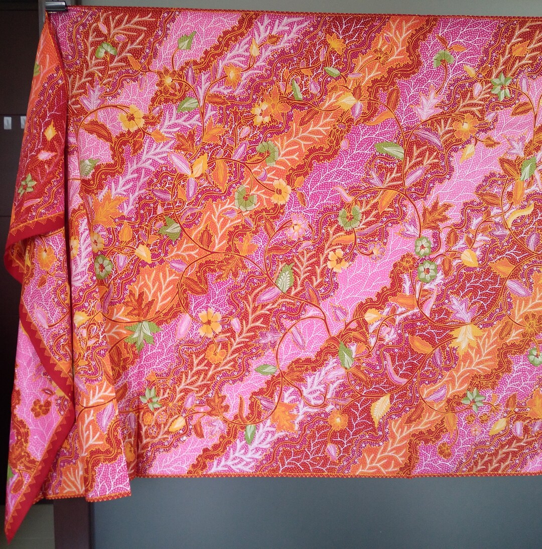 Indonesian Batik Hand Drawn Fabric , Orange Color Flower Motifs , Java ...