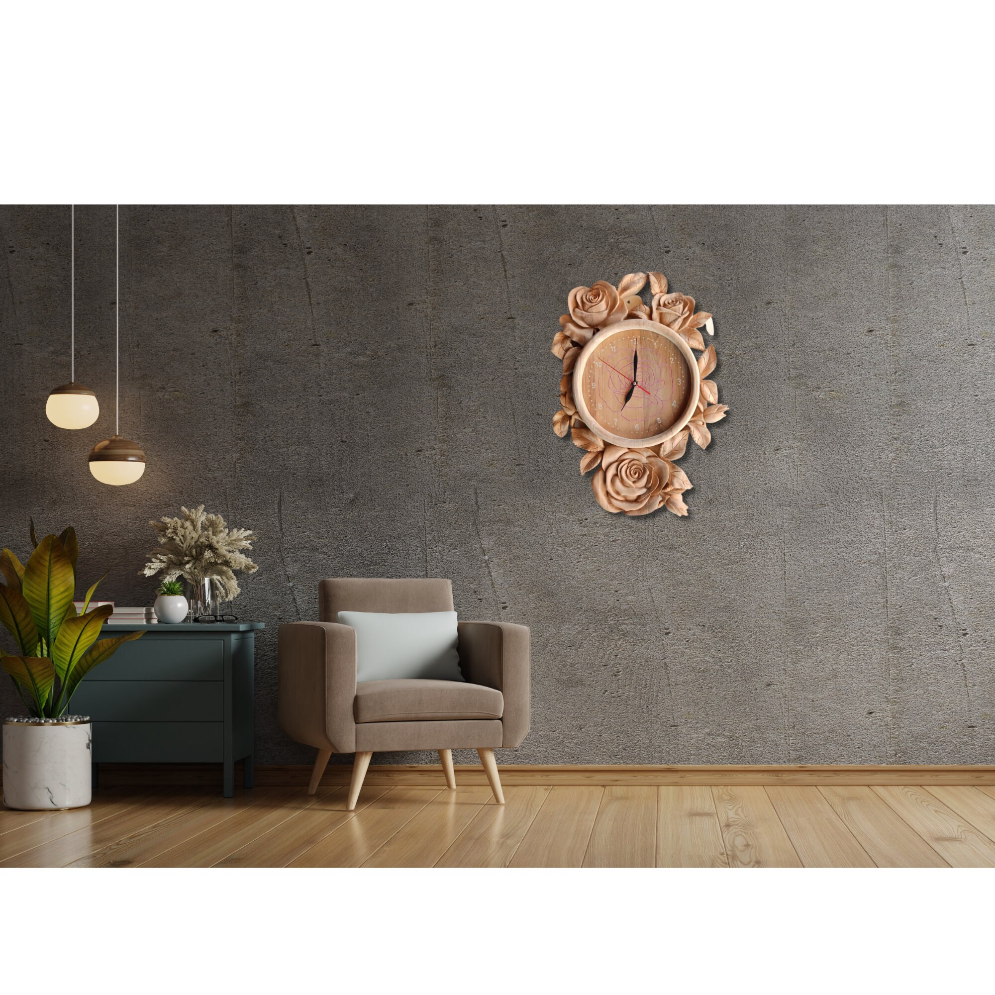 Wooden Sculpture Wall Clock Teak Wood Handmade , Rose Flower Wall Art ...