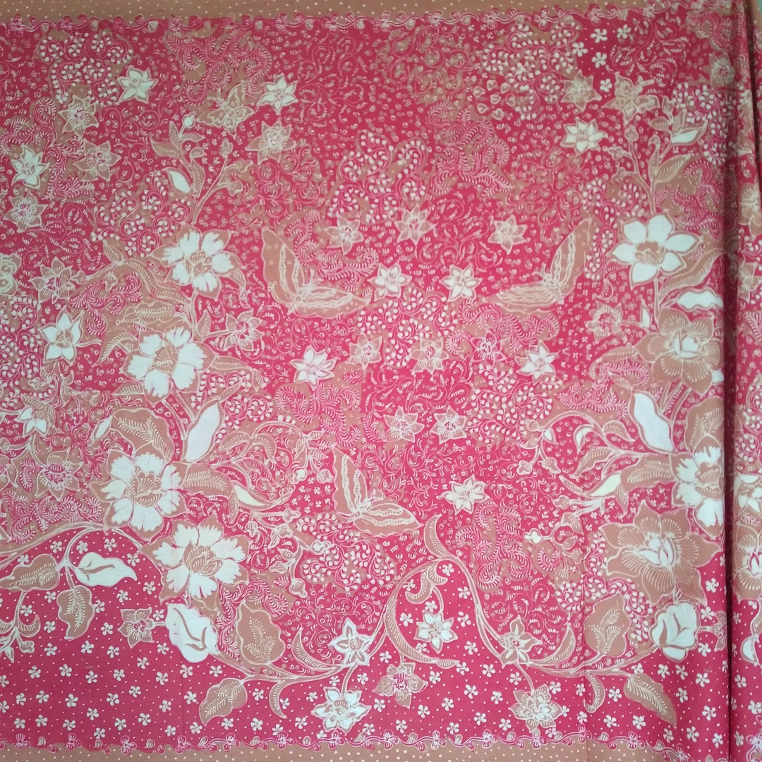 Indonesian Hand Drawn Batik Fabric , Pink Floral Butterfly Handmade ...