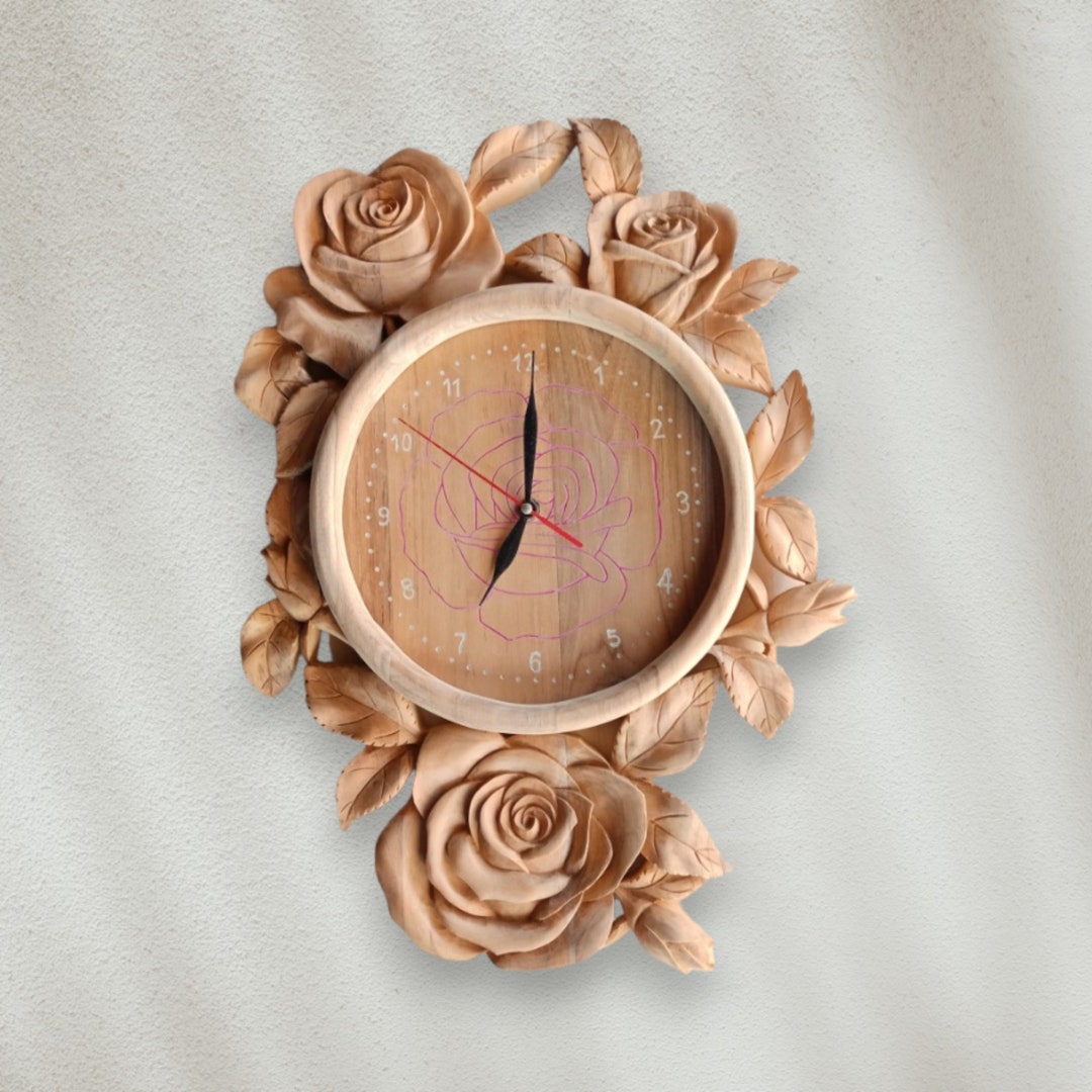 Wooden Sculpture Wall Clock Teak Wood Handmade , Rose Flower Wall Art ...