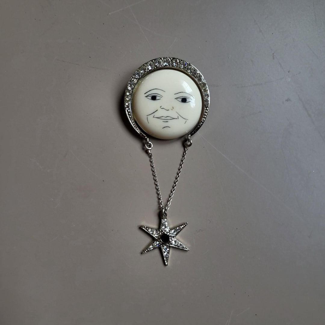 Vintage Butler & Wilson Moon Face and Star Brooch Rhinestone Celestial ...