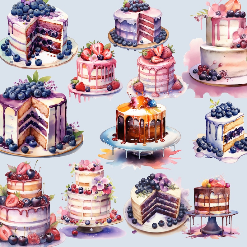 Watercolor Cake Clipart Set, 12 Birthday Clipart, Dessert Illustration ...