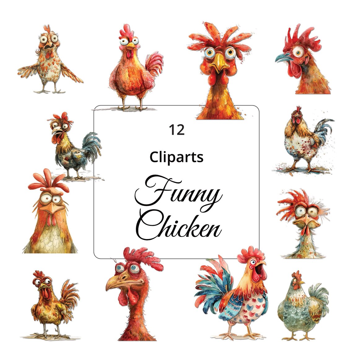 Funny Cartoon Chicken Clipart Set – 12 High Quality Designs for Digital ...