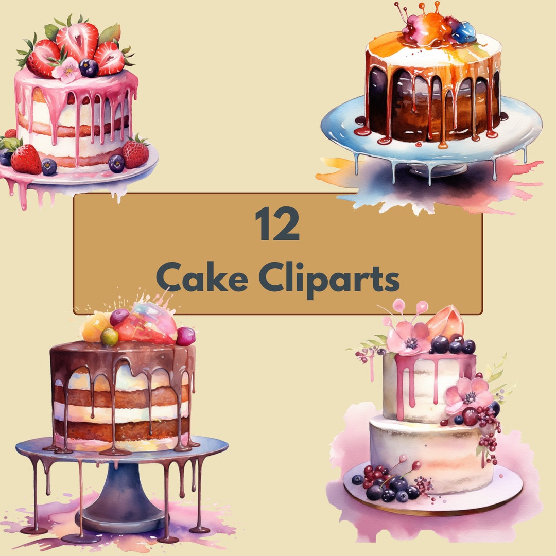 Watercolor Cake Clipart Set, 12 Birthday Clipart, Dessert Illustration ...