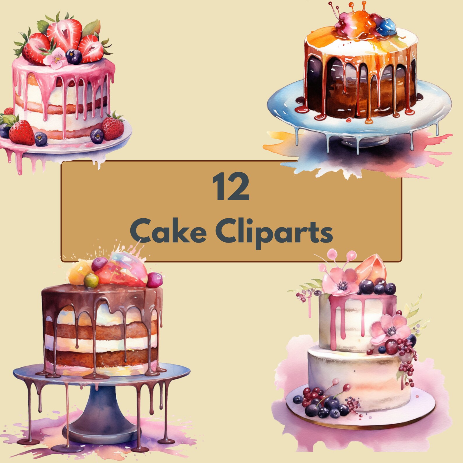 Watercolor Cake Clipart Set, 12 Birthday Clipart, Dessert Illustration ...