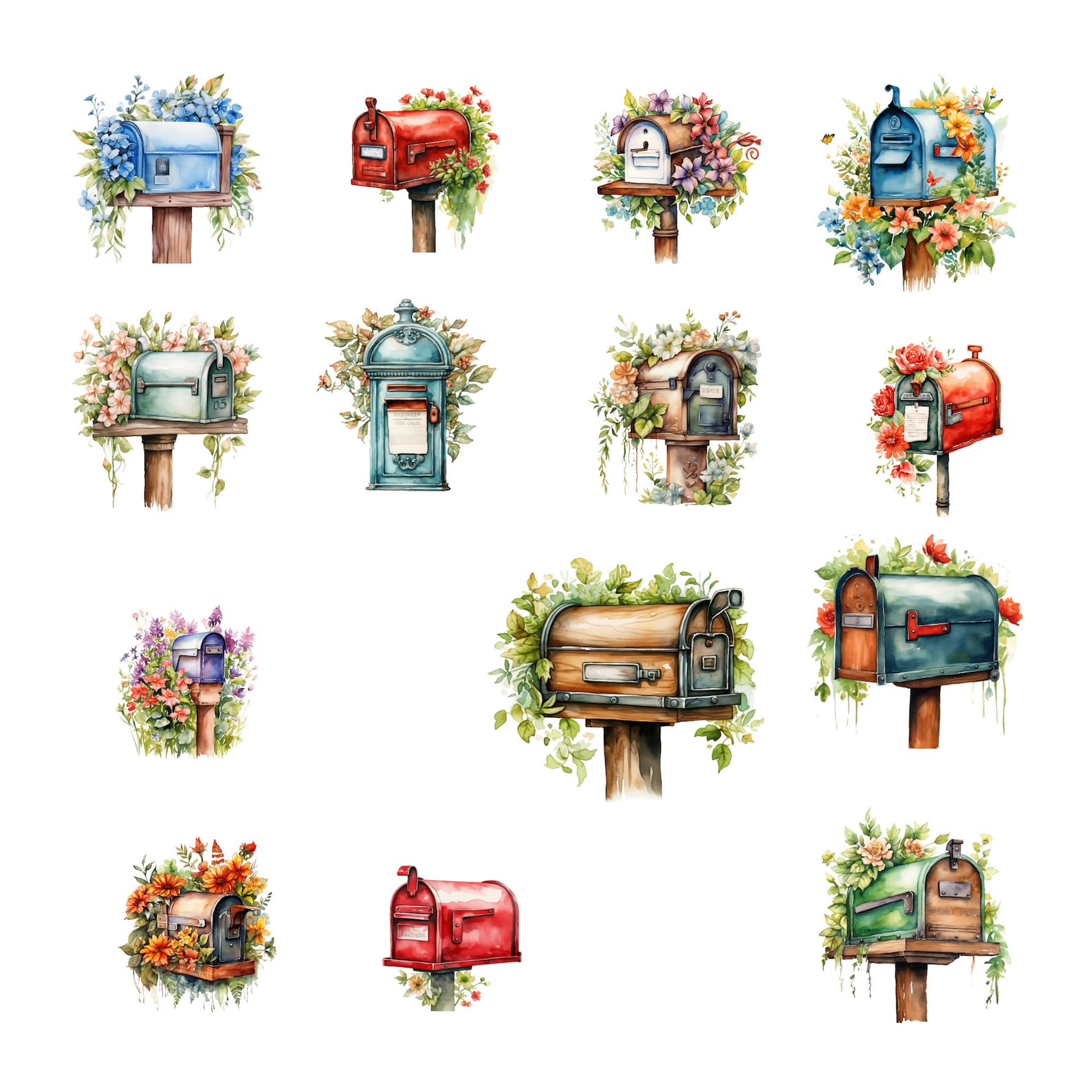 Vintage Mailboxes Set: 14 High Quality Pngs, Watercolor Vintage ...