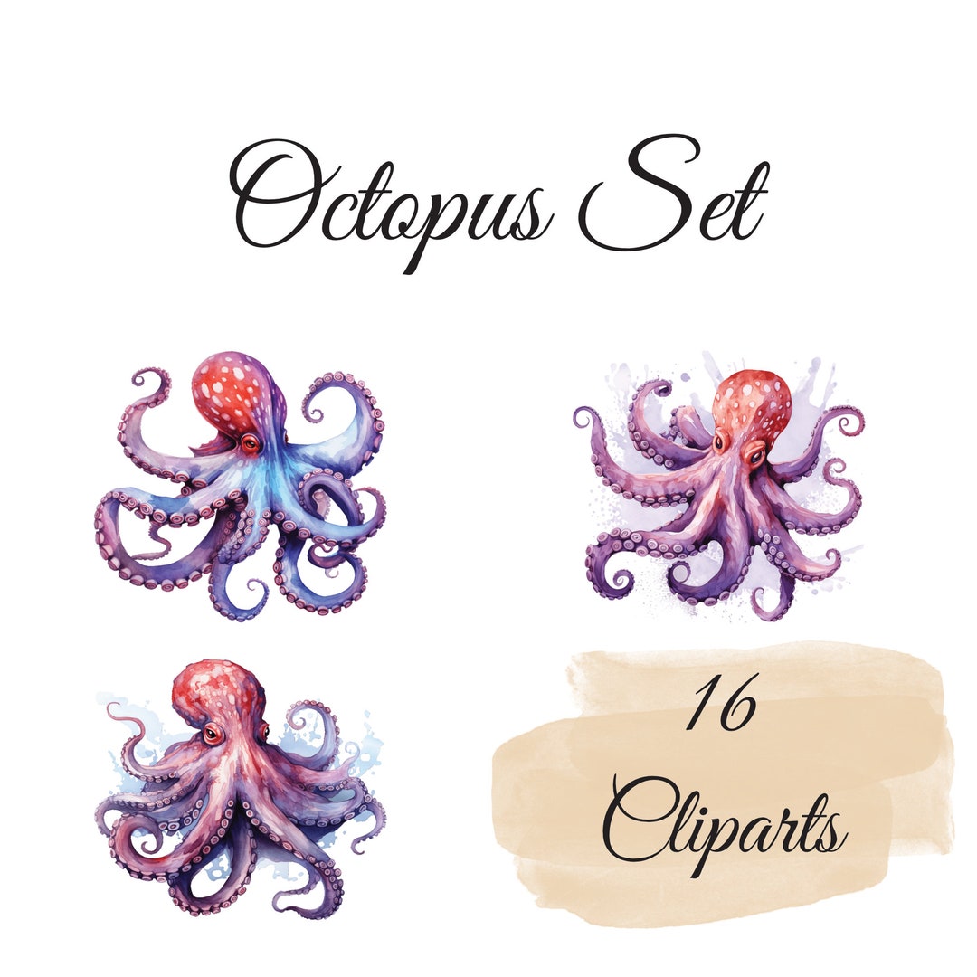 16 Mystical Octopuses: Watercolor Set for Sea Lovers, Fishes Clip Art ...