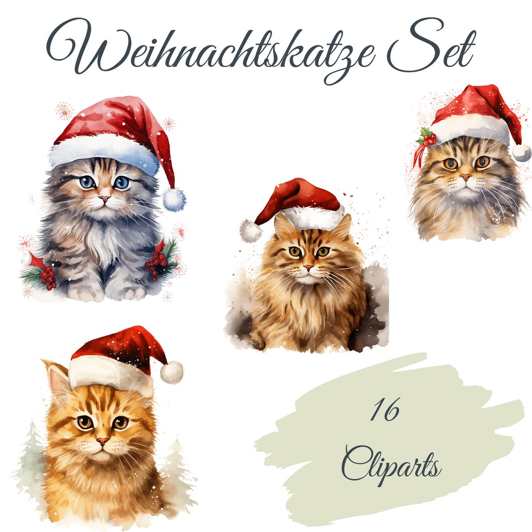 Christmas Cat Clipart Set: 16 High Quality Pngs, Christmas Cat Clip Art ...