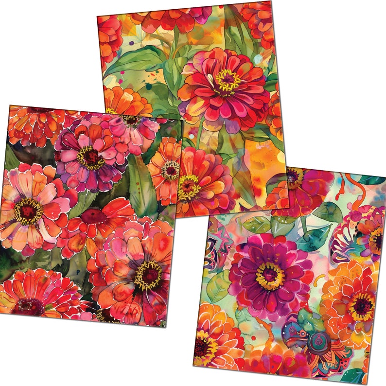 12 Seamless Patterns Boho Zinnias High Resolution Vivid Floral Patterns ...