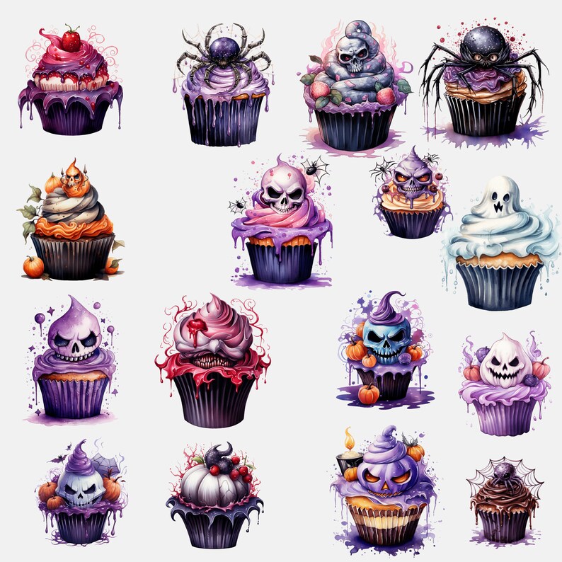 Halloween Cupcake Clipart Set: 16 High Quality Pngs, Watercolor Cupcake ...