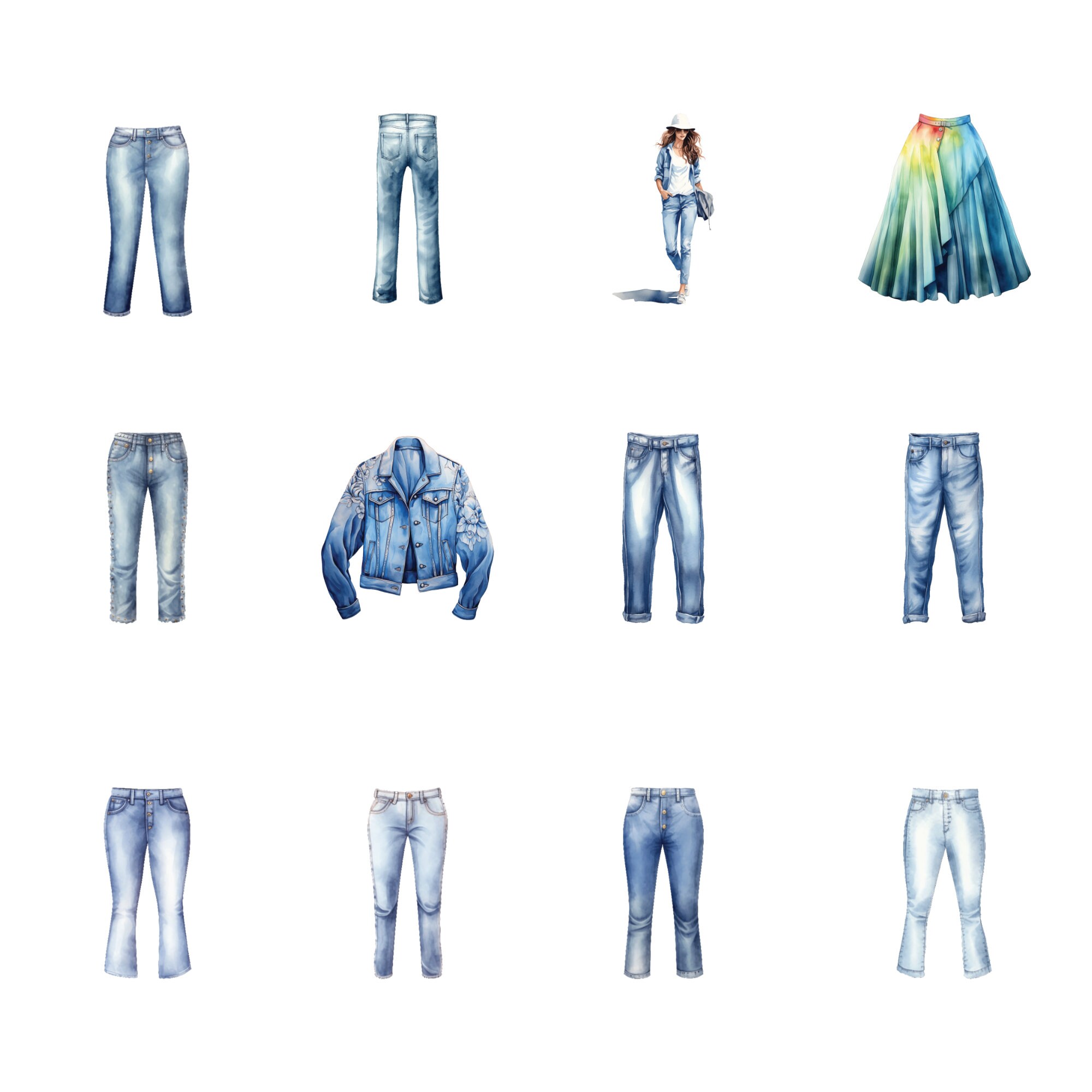 Jeans Clipart Set: 12 High Quality Pngs, Watercolor Clothing, Digital ...