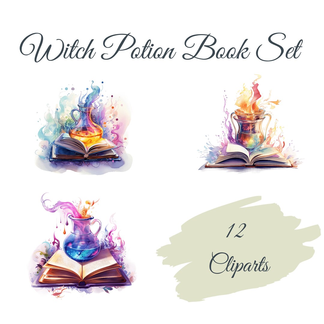 Magic Potions Books Clipart Set: 15 High Quality Pngs, Watercolor Magic ...