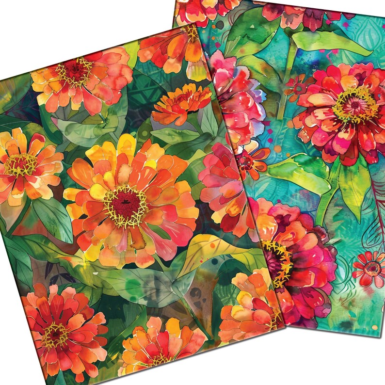 12 Seamless Patterns Boho Zinnias High Resolution Vivid Floral Patterns ...