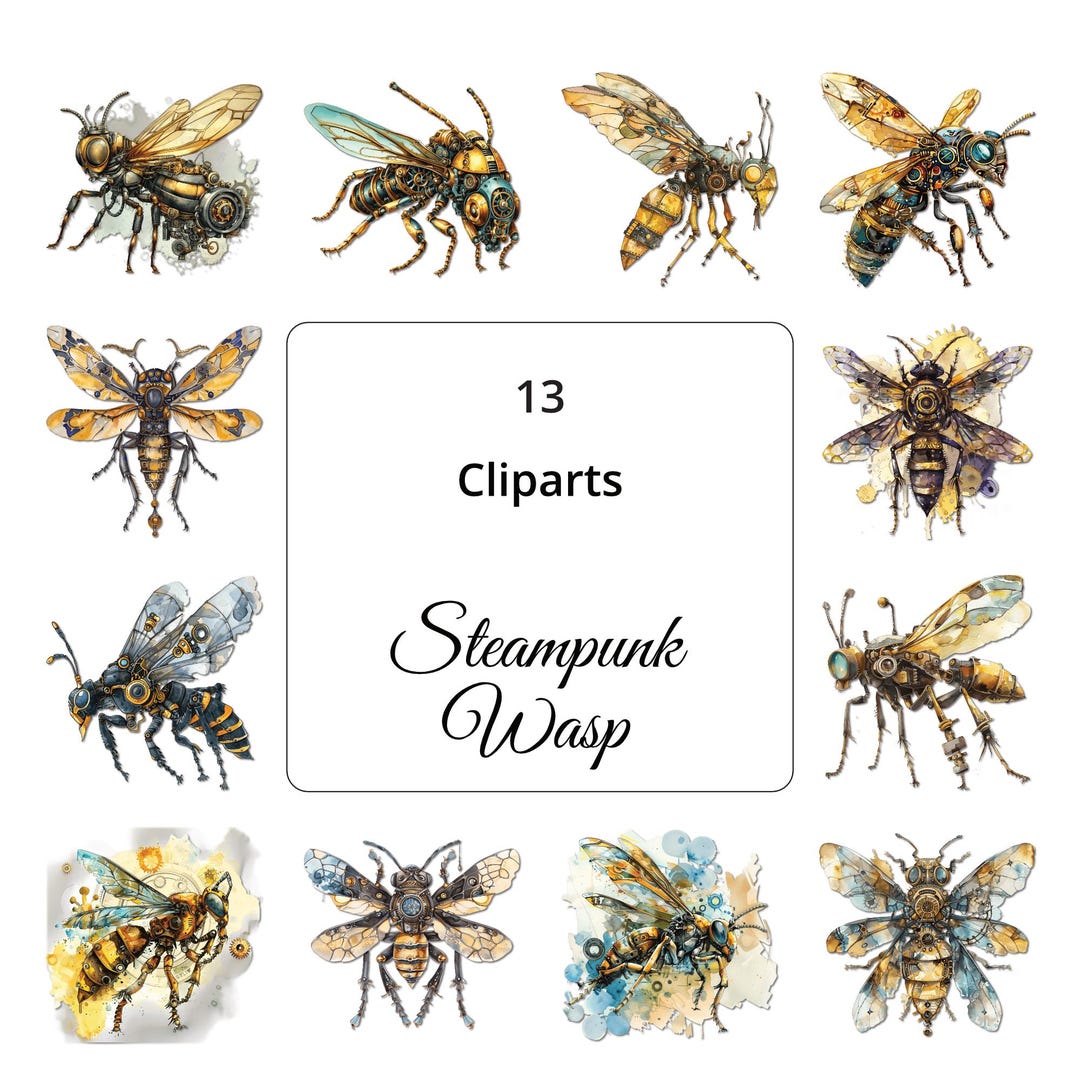 Steampunk Wasp: 13 Watercolor Cliparts Unique Mechanical Insects for ...
