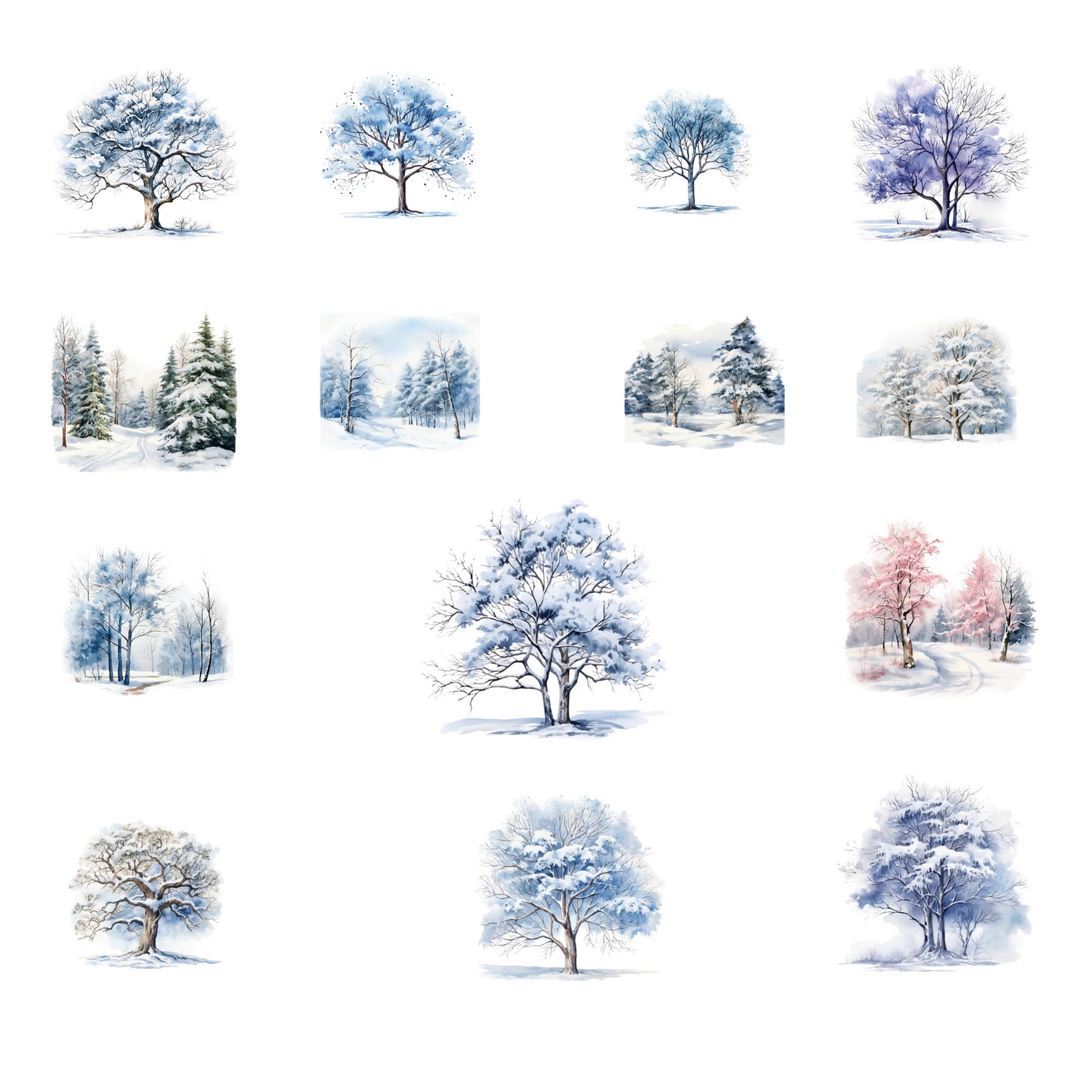 Snowy Trees Clipart Set: 14 High Quality Pngs, Watercolor Forest ...