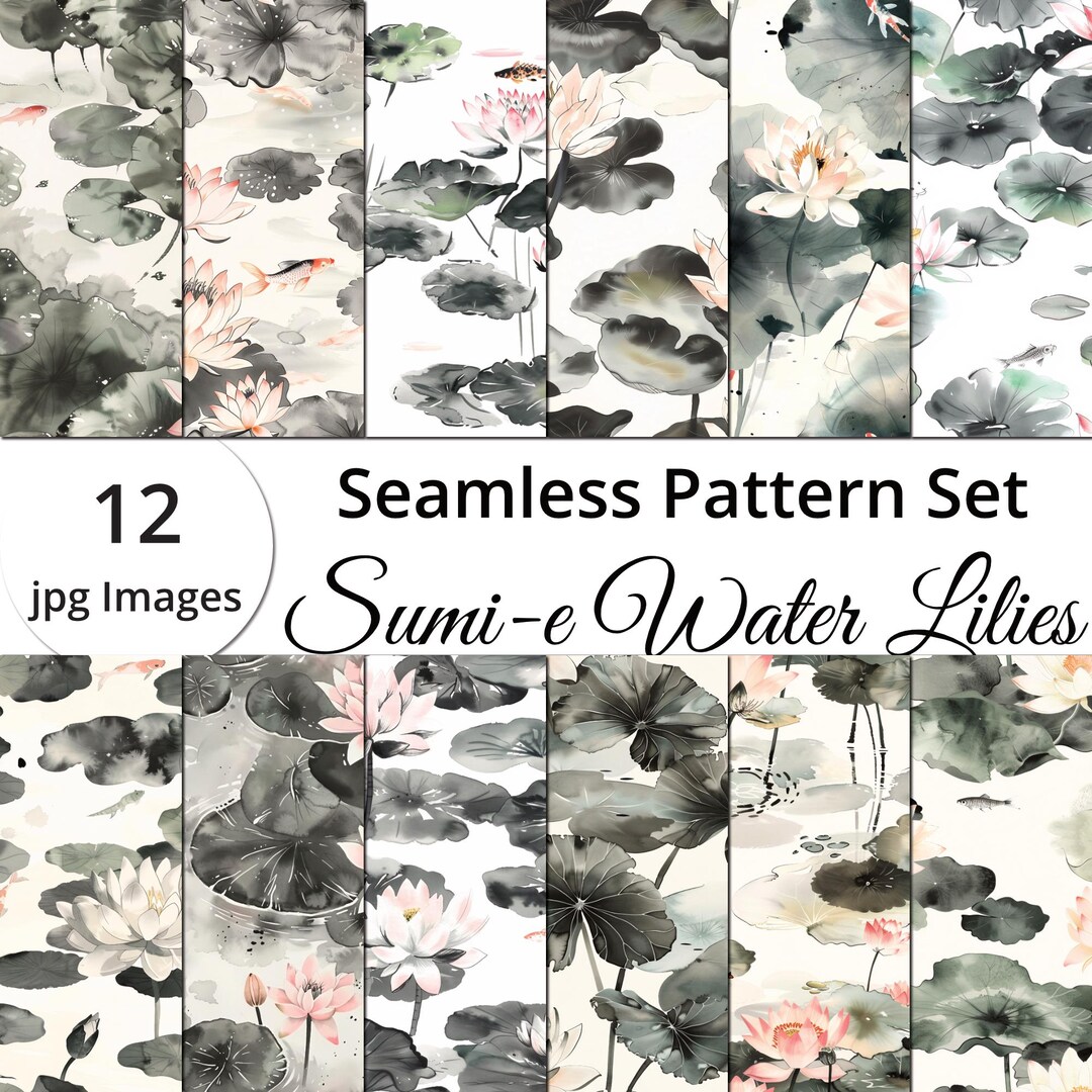12 Seamless Sumi-e Water Lily Patterns, Digital Papers for Elegant ...