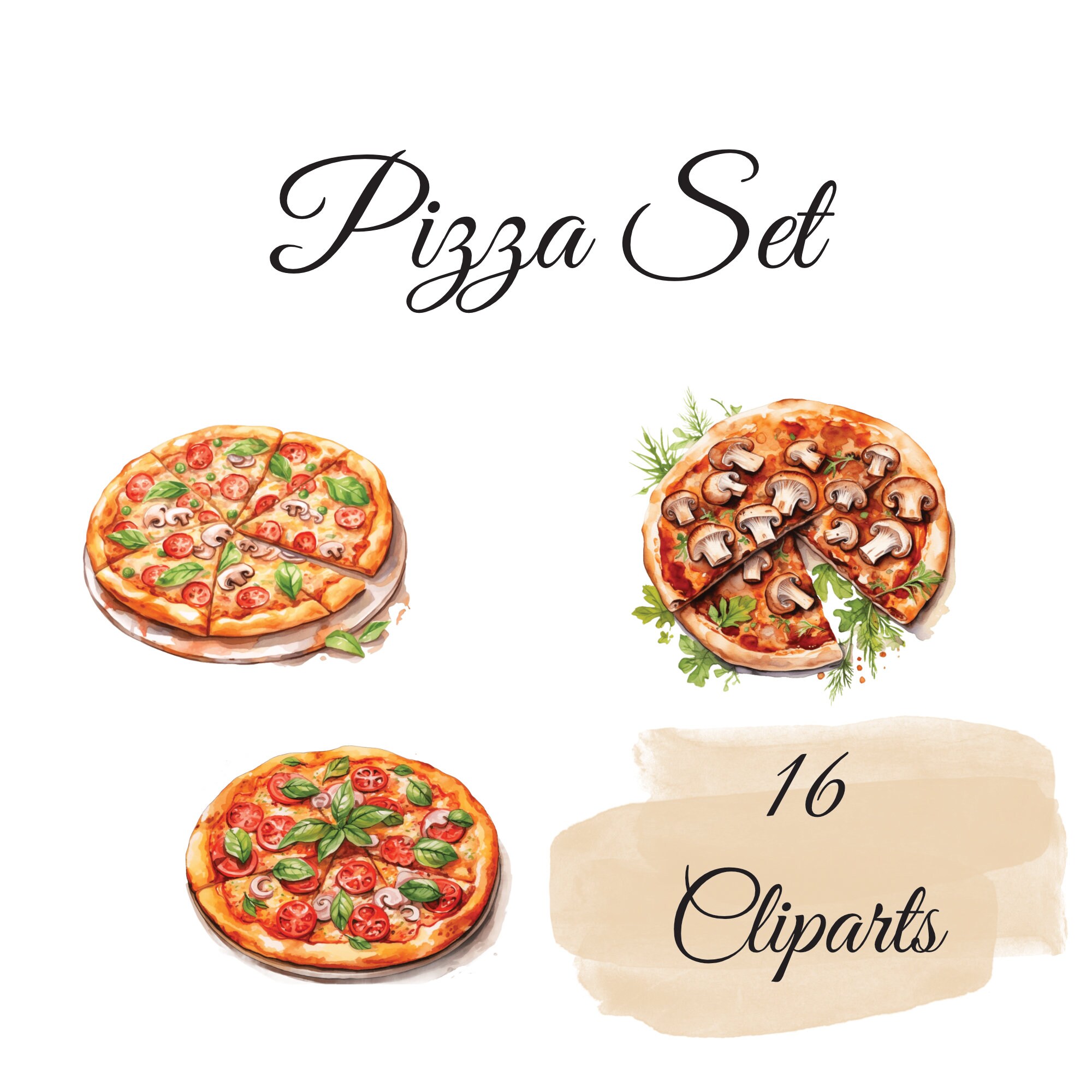 Pizza Clipart Set: 16 High Quality Pngs, Watercolor Pizza, Digital ...