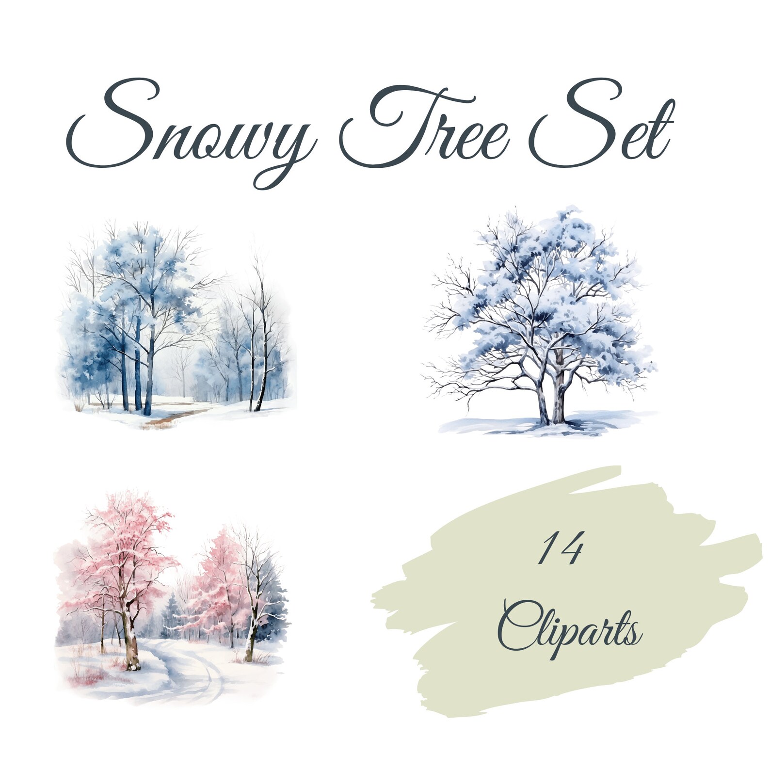 Snowy Trees Clipart Set: 14 High Quality Pngs, Watercolor Forest ...