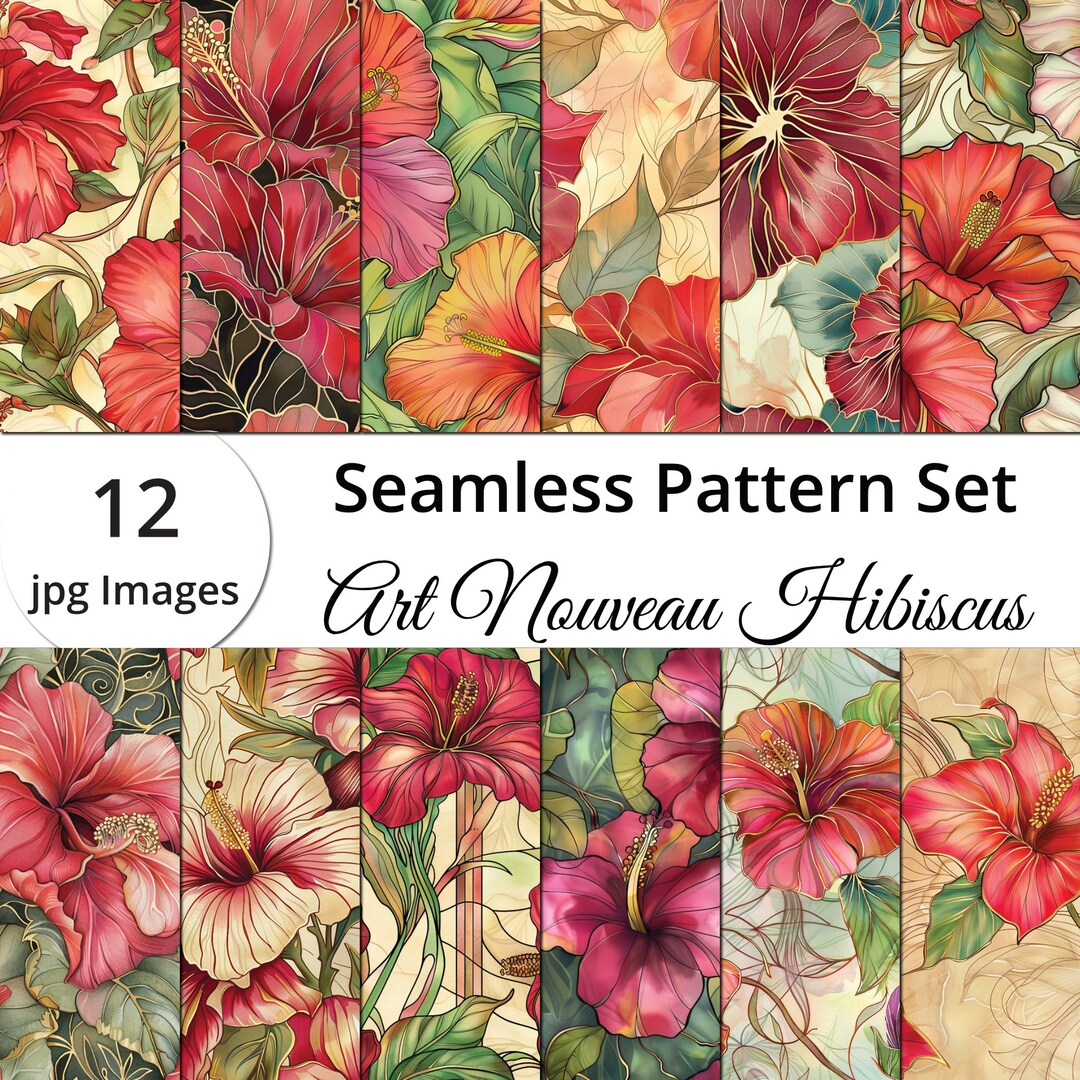12 Art Nouveau Hibiscus Seamless Patterns – High Quality Jpegs for ...