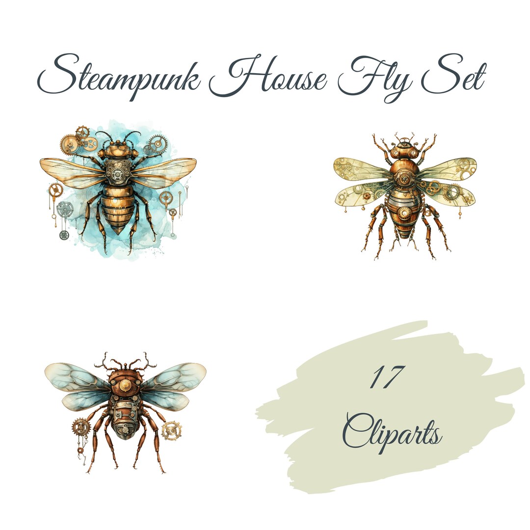 Steampunk Flies Clipart Set: 17 High Quality Pngs, Watercolor Steampunk ...