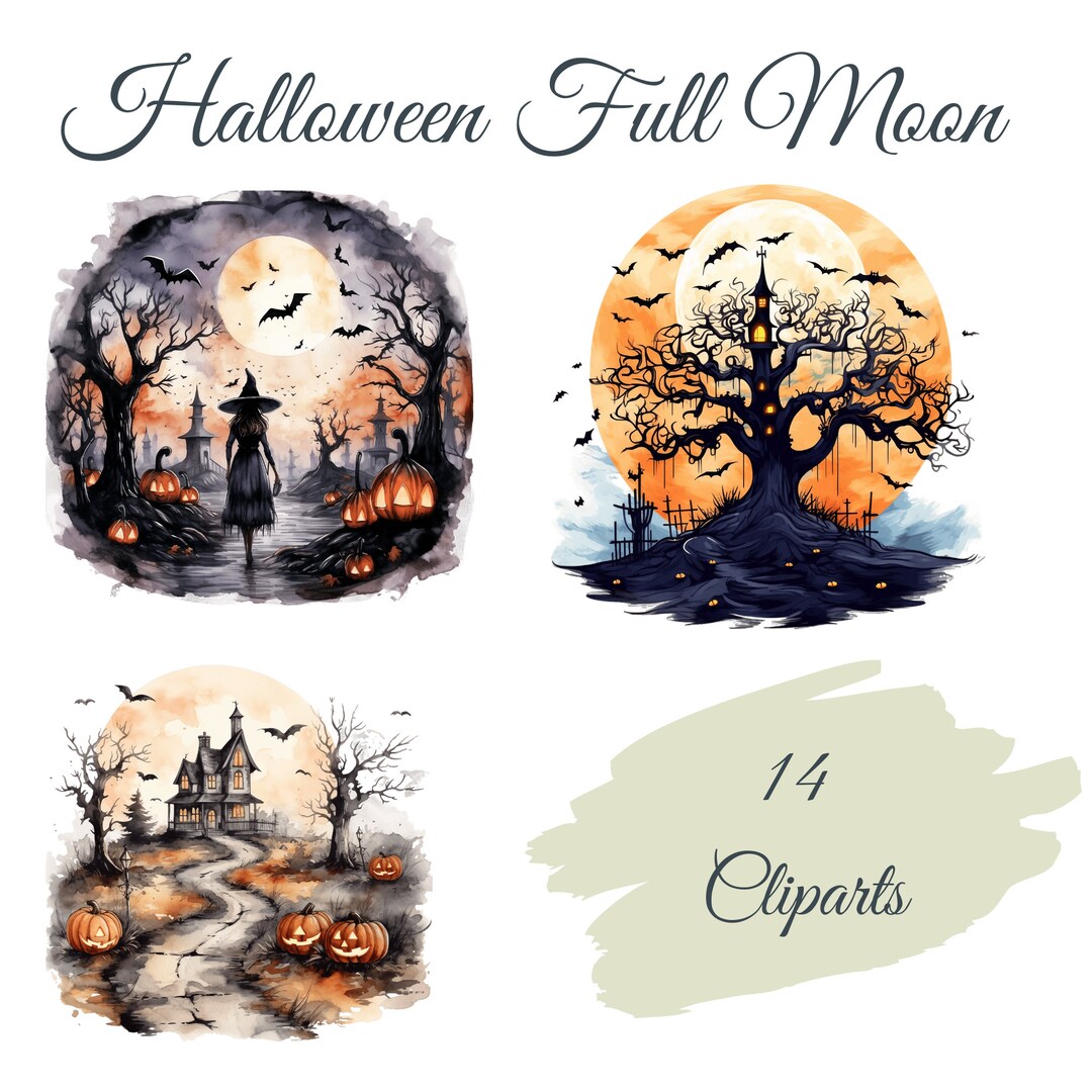 Halloween Full Moon Clipart Set: 15 High Quality Pngs, Instant Download ...
