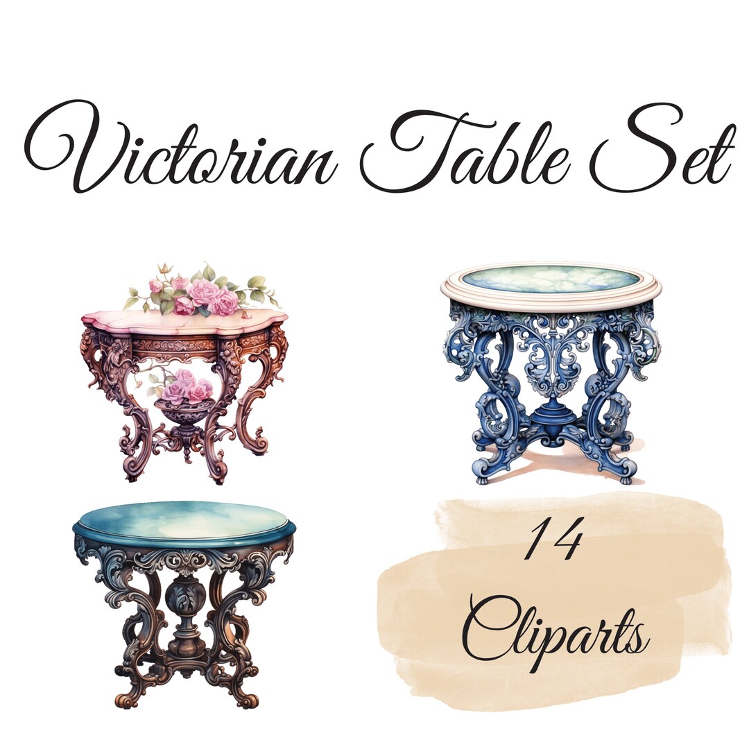 Victorian Table Cliparts: 14 High Quality Pngs, Watercolor Vintage ...