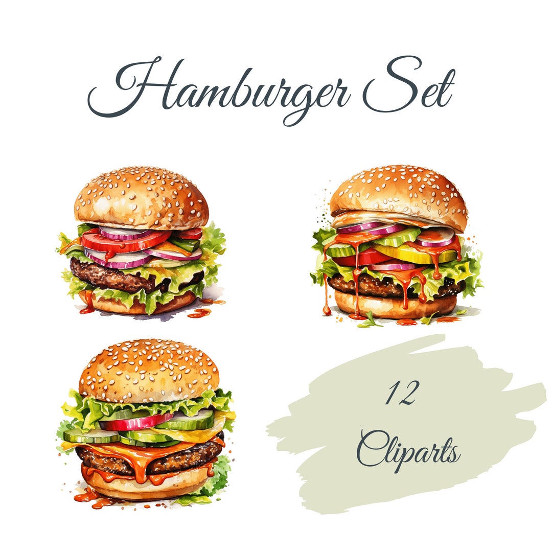 Hamburger Clipart Set: 12 High Quality Pngs, Watercolor Hamburgers ...
