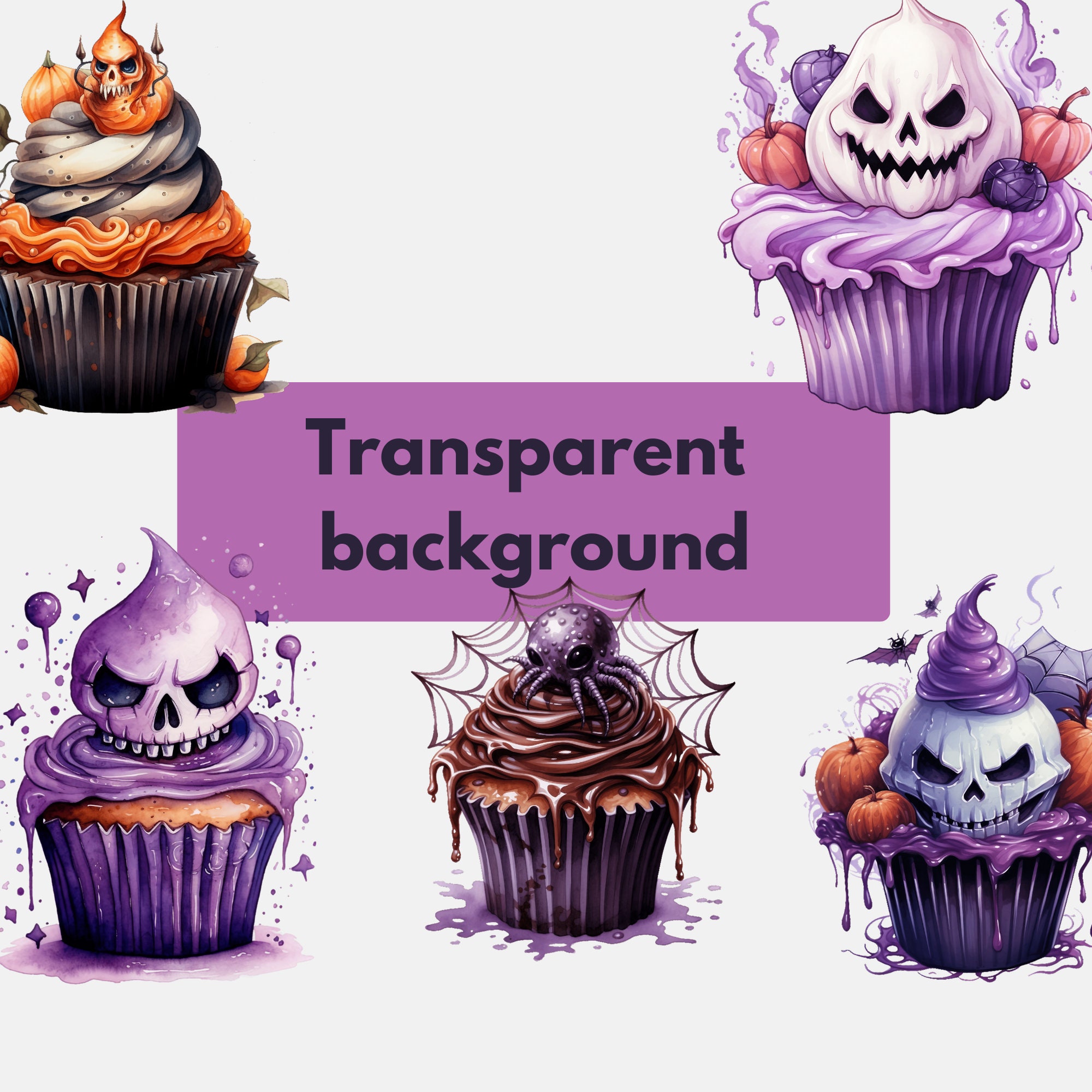 Halloween Cupcake Clipart Set: 16 High Quality Pngs, Watercolor Cupcake ...